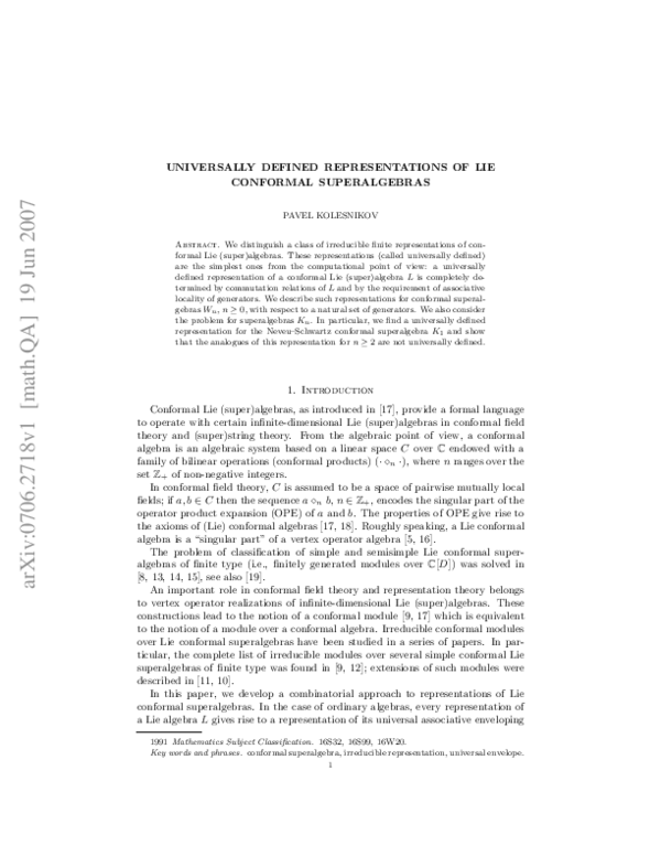 Pdf Universally Defined Representations Of Lie Conformal Superalgebras