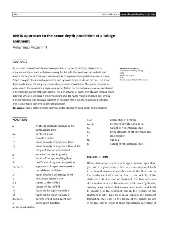 (PDF) ANFIS approach to the scour depth prediction at a bridge abutment