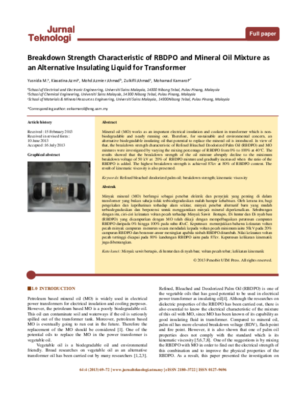 (PDF) Breakdown Strength Characteristic of RBDPO and Mineral Oil ...
