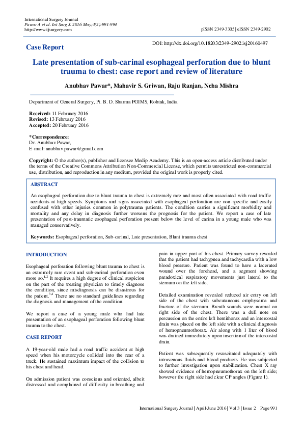 (PDF) Late presentation of sub-carinal esophageal perforation due to ...
