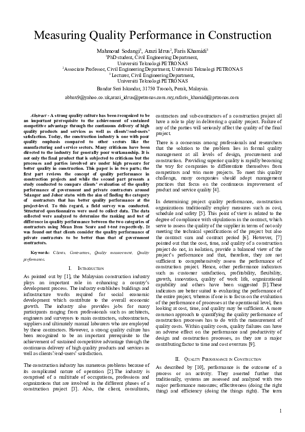 (PDF) Measuring Quality Performance in Construction