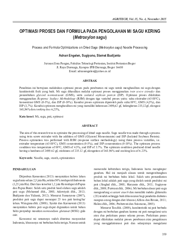 (PDF) OPTIMASI PROSES DAN FORMULA PADA PENGOLAHAN MI SAGU KERING (Metroxylon sagu) (Process and ...