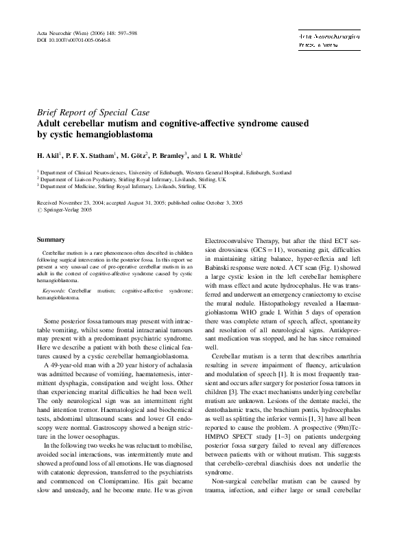 (PDF) Adult cerebellar mutism and cognitive-affective syndrome caused ...