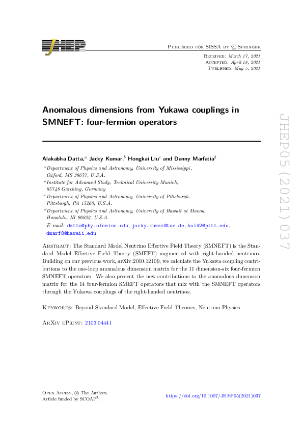 (PDF) Anomalous dimensions from Yukawa couplings in SMNEFT: four-fermion operators | Alakabha ...