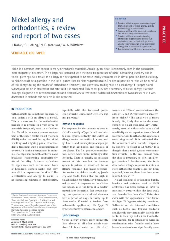 (PDF) Nickel allergy and orthodontics, a review and report of two cases