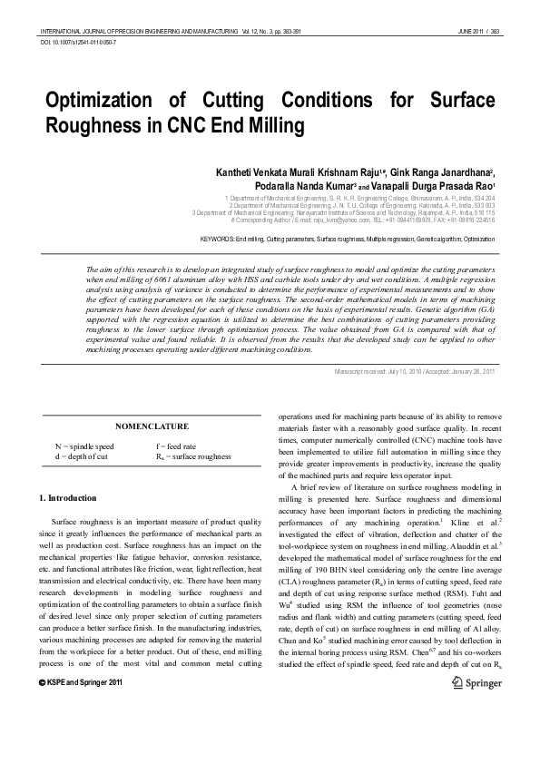 Pdf Optimization Of Cutting Conditions For Surface Roughness In Cnc