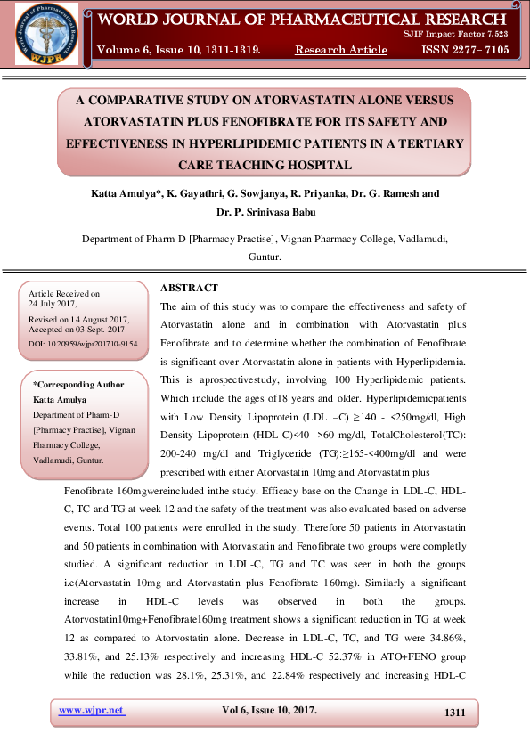 (PDF) A Comparative Study on Atorvastatin Alone Versus Atorvastatin ...
