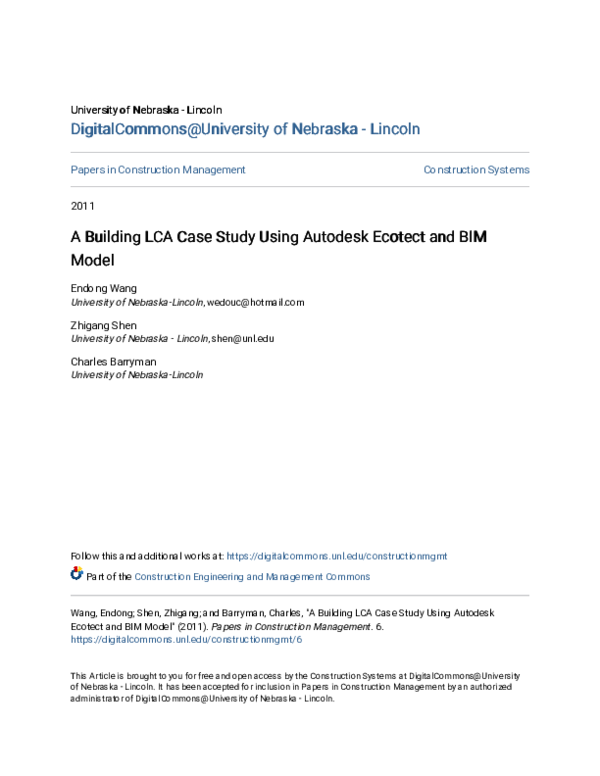 (PDF) A Building LCA Case Study Using Autodesk Ecotect and BIM Model