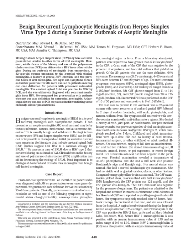 (PDF) Benign recurrent lymphocytic meningitis from herpes simplex virus ...