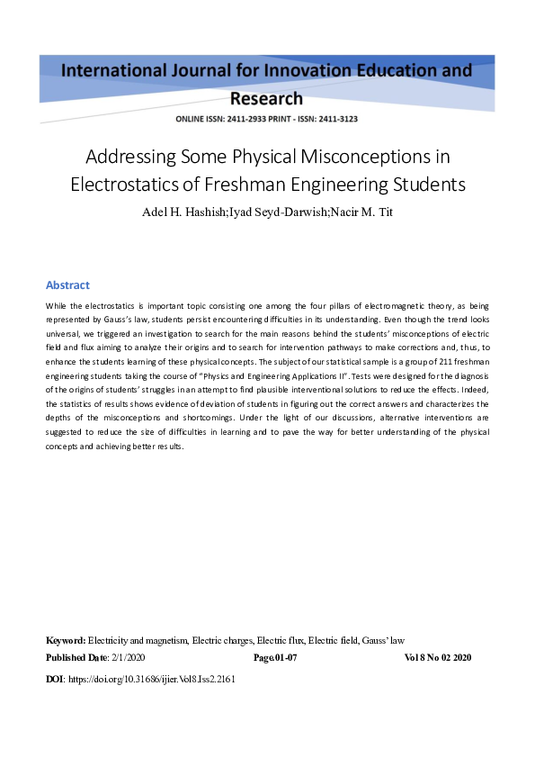 (PDF) Addressing Some Physical Misconceptions in Electrostatics of Freshman Engineering Students