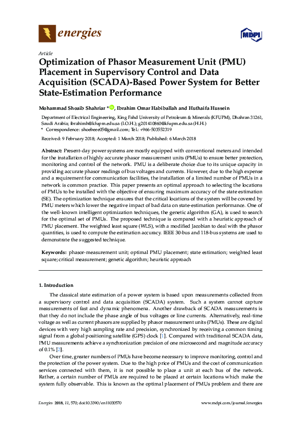 Pdf Optimization Of Phasor Measurement Unit Pmu Placement In Supervisory Control And Data
