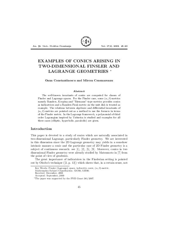 (PDF) Examples of Conics Arising in Two-Dimensional Finsler and ...