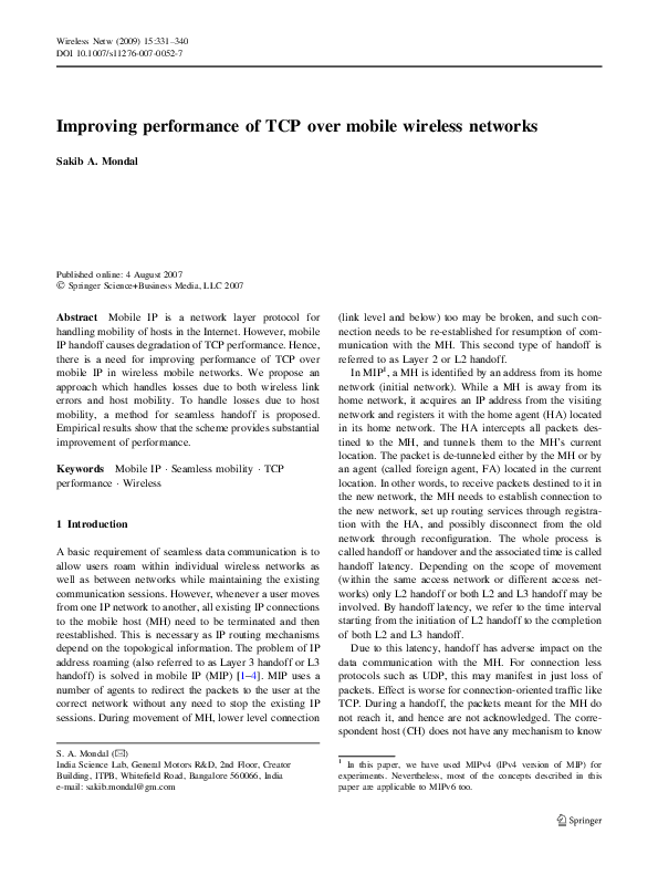 Pdf Improving Performance Of Tcp Over Mobile Wireless Networks