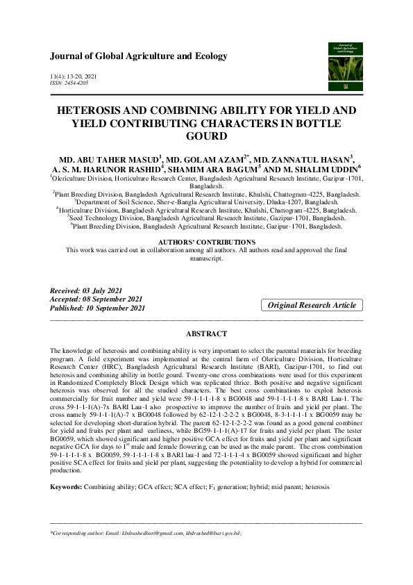 (PDF) HETEROSIS AND COMBINING ABILITY FOR YIELD AND YIELD CONTRIBUTING CHARACTERS IN BOTTLE GOURD