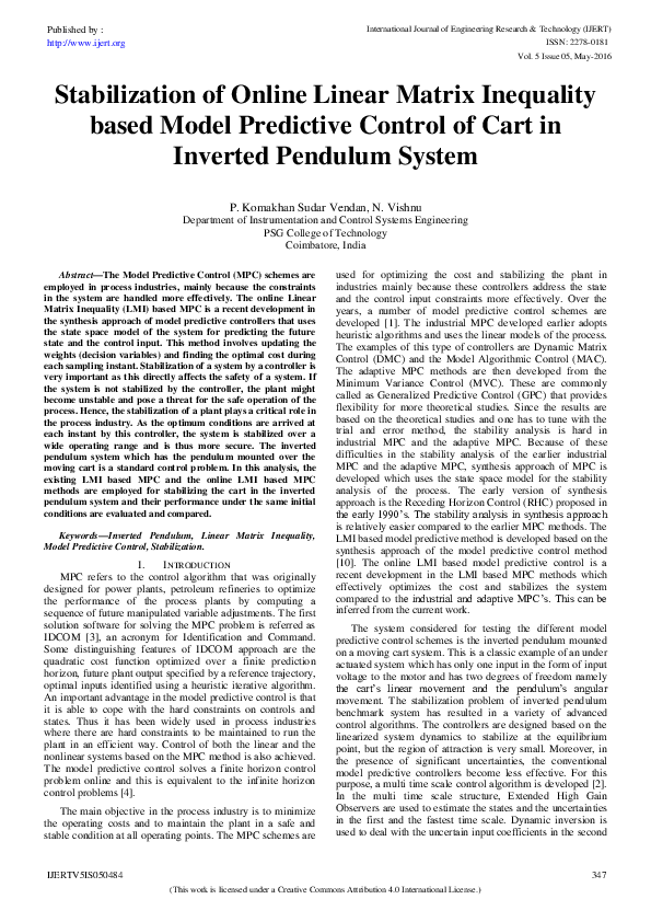 (PDF) Stabilization of Online Linear Matrix Inequality based Model Predictive Control of Cart in ...