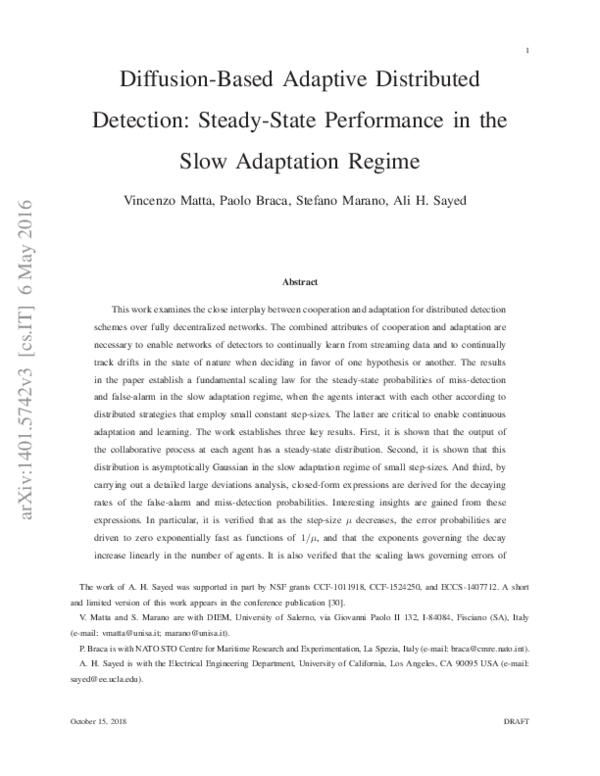 (PDF) Diffusion-Based Adaptive Distributed Detection: Steady-State Performance in the Slow ...