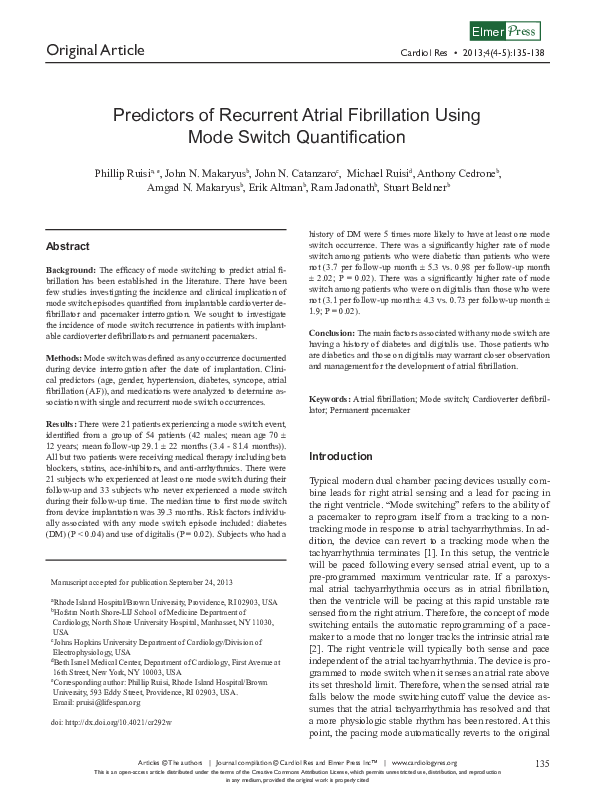 (PDF) Predictors of Recurrent Atrial Fibrillation Using Mode Switch ...