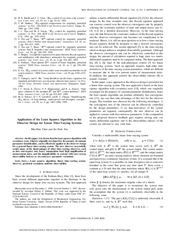 Pdf Application Of The Least Squares Algorithm To The Observer Design For Linear Time Varying