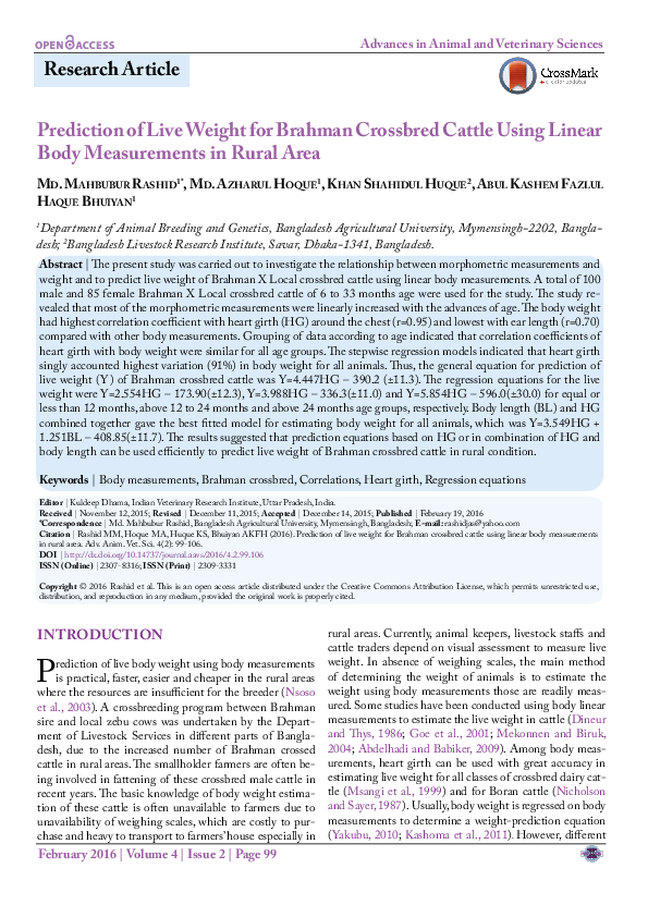 (PDF) Prediction of Live Weight for Brahman Crossbred Cattle Using Linear Body Measurements in ...