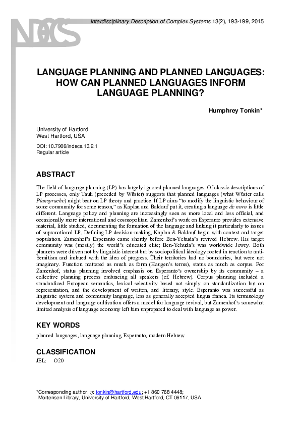 (PDF) Language Planning and Planned Languages: How Can Planned ...