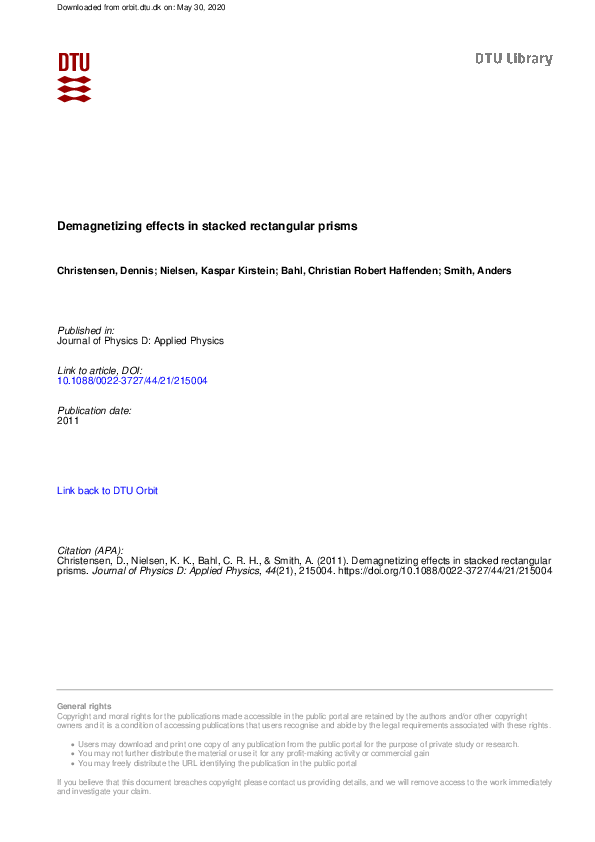 (PDF) Demagnetizing effects in stacked rectangular prisms