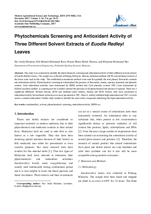 (PDF) Phytochemicals Screening and Antioxidant Activities of Malaysian Donax Grandis Extracts