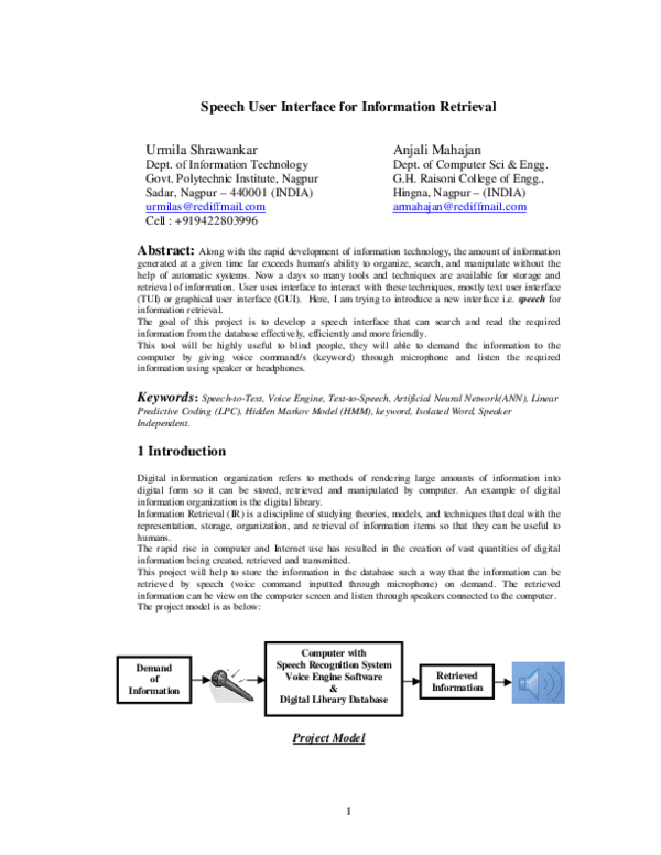 (PDF) Speech User Interface for Information Retrieval