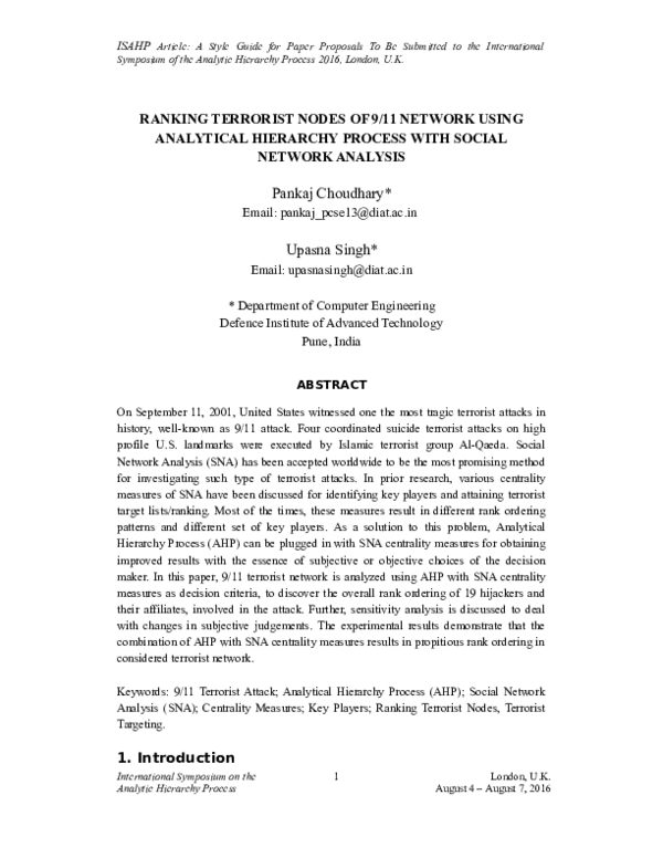 (PDF) Ranking Terrorist Nodes of 9/11 Network Using Analytical Hierarchy Process with Social ...