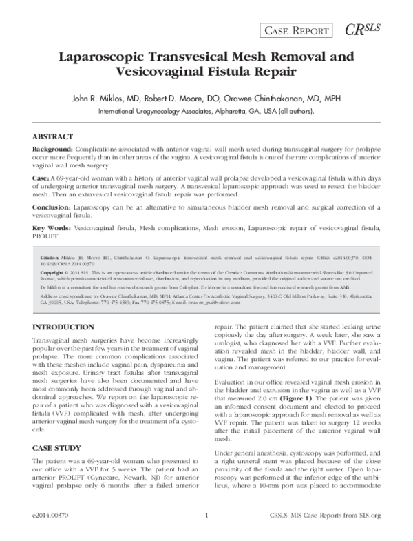 (PDF) Laparoscopic Transvesical Mesh Removal and Vesicovaginal Fistula ...