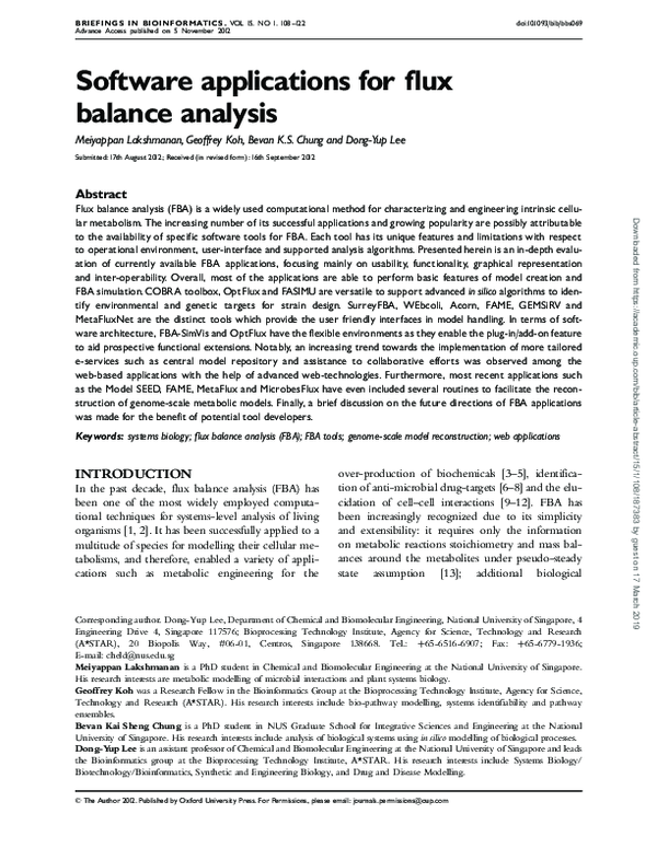 (PDF) Software applications for flux balance analysis