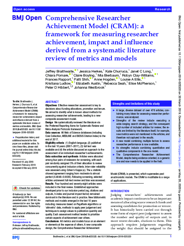 (PDF) Comprehensive Researcher Achievement Model (CRAM): a framework ...