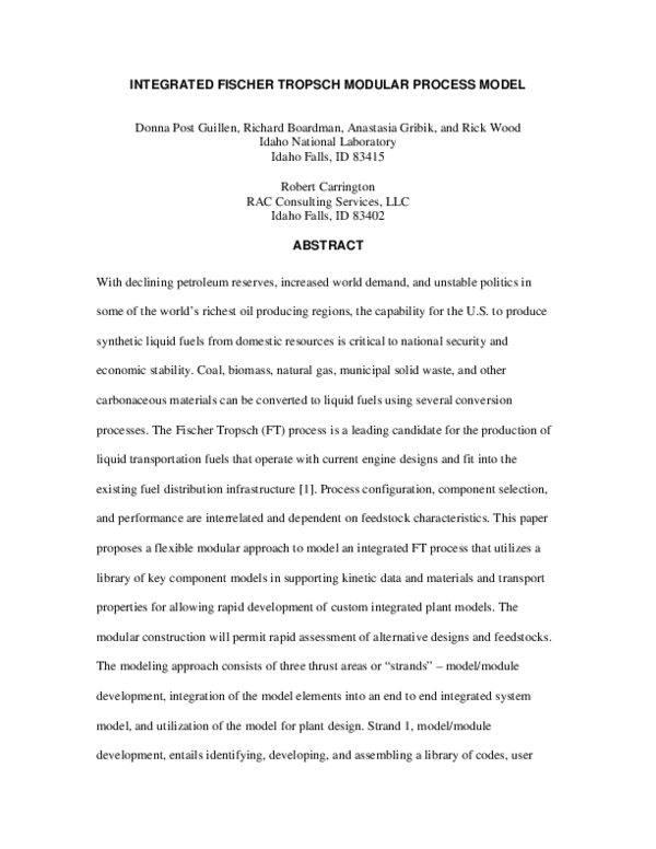 (PDF) Integrated Fischer Tropsch Modular Process Model