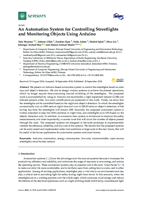Pdf An Automation System For Controlling Streetlights And Monitoring Objects Using Arduino