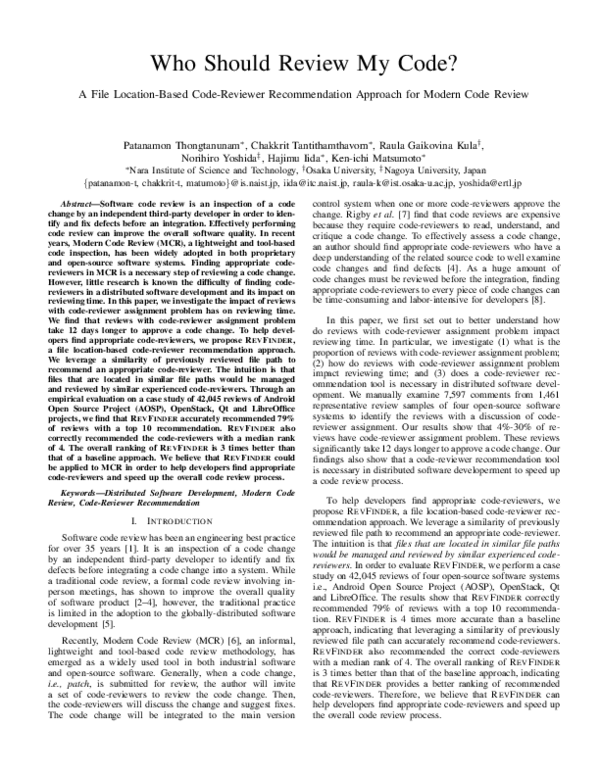 Pdf Who Should Review My Code A File Location Based Code Reviewer Recommendation Approach For