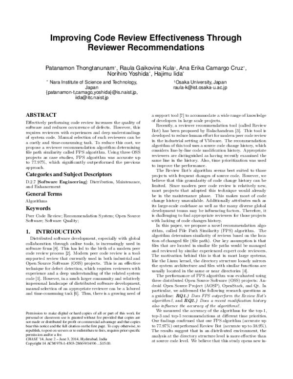 Pdf Improving Code Review Effectiveness Through Reviewer Recommendations
