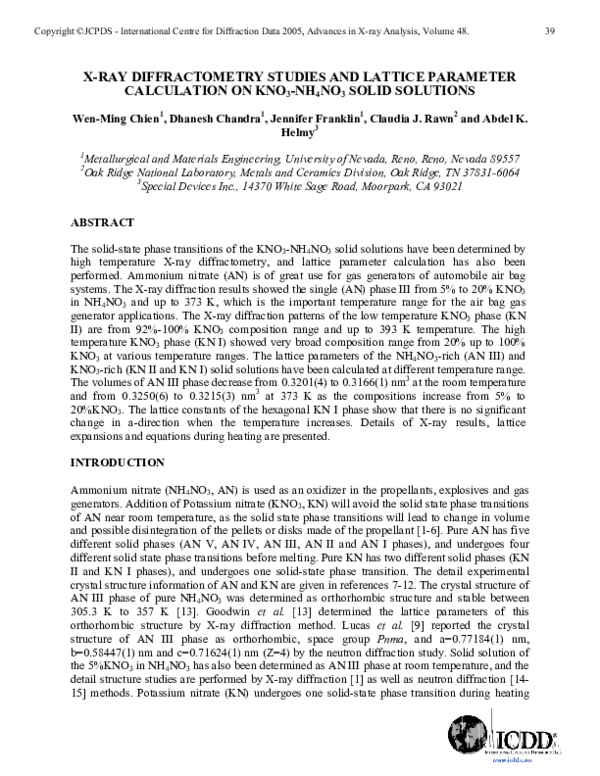 (PDF) X-ray diffractometry studies and lattice parameter calculation on KNO3–NH4NO3 solid solutions