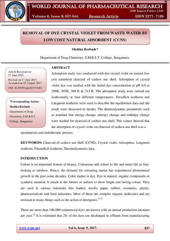 (PDF) Removal of Dye Crystal Violet from Waste Water by Low Cost ...