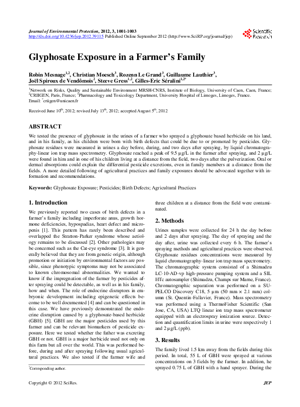 (PDF) Glyphosate Exposure in a Farmer’s Family
