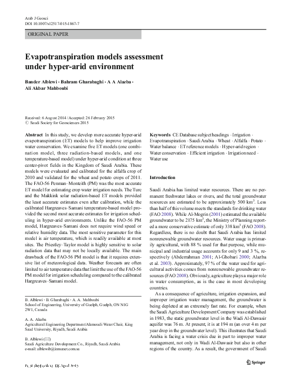 Pdf Evapotranspiration Models Assessment Under Hyper Arid Environment