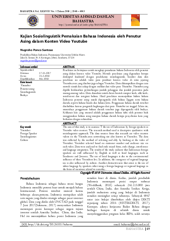 (PDF) Kajian Sosiolinguistik Pemakaian Bahasa Indonesia Oleh Penutur Asing Dalam Konten Video ...