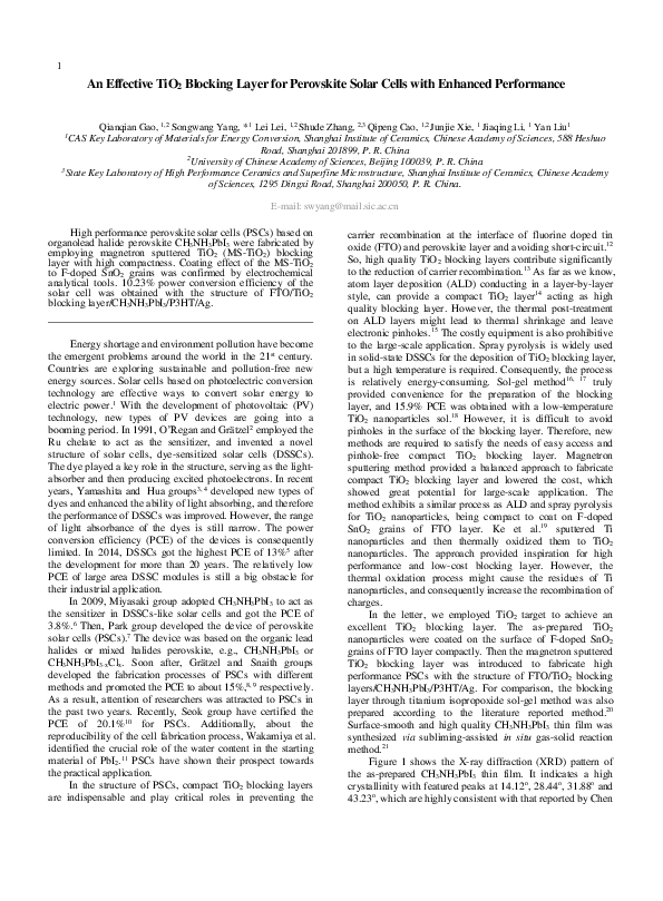 (PDF) An Effective TiO 2 Blocking Layer for Perovskite Solar Cells with ...