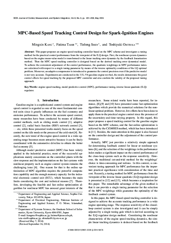 (PDF) MPC-Based Speed Tracking Control Design for Spark-Ignition Engines