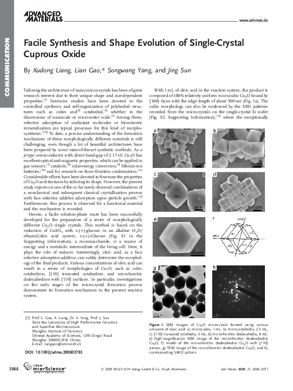 (PDF) Facile Synthesis and Shape Evolution of Single-Crystal Cuprous Oxide