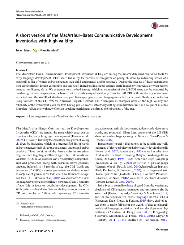 (PDF) A short version of the MacArthur–Bates Communicative Development ...