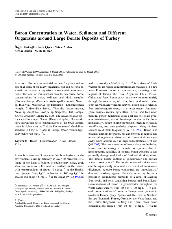 (PDF) Boron Concentration in Water, Sediment and Different Organisms ...