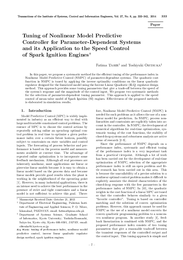 (PDF) Tuning of nonlinear model predictive controller for the speed control of spark ignition ...
