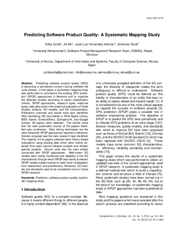 (PDF) Predicting Software Product Quality: A Systematic Mapping Study