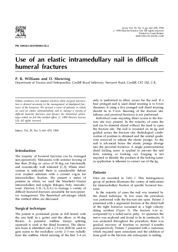 (PDF) Use of an elastic intramedullary nail in difficult humeral fractures