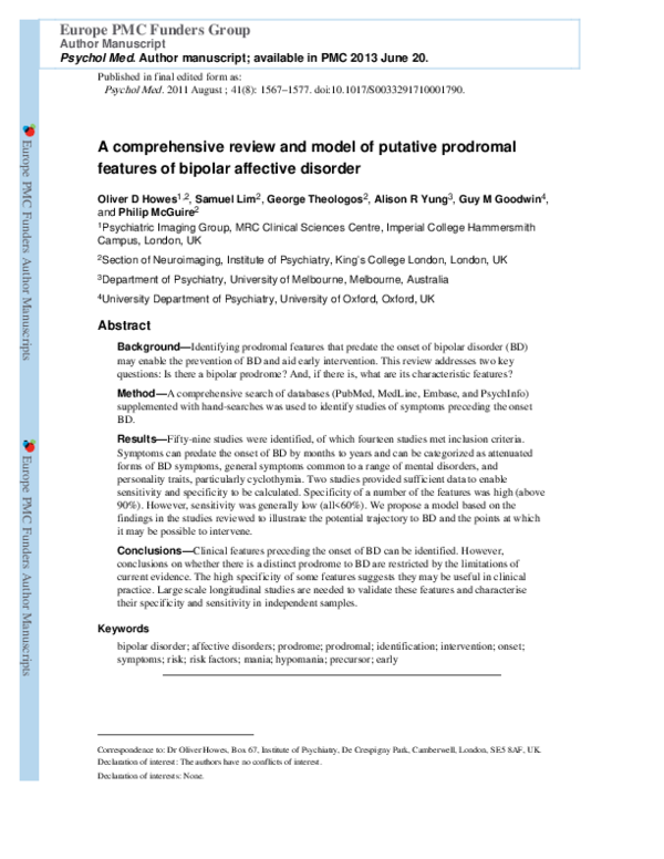 (PDF) A comprehensive review and model of putative prodromal features ...