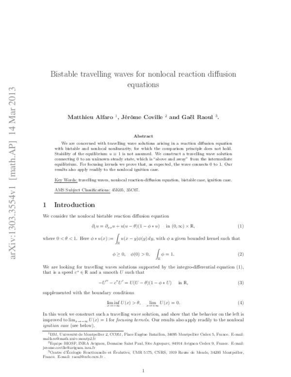 (PDF) Bistable travelling waves for nonlocal reaction diffusion equations